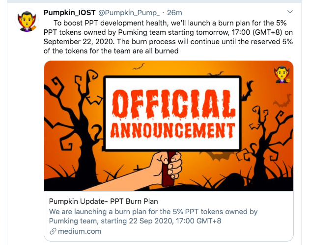 最新进展！南瓜🎃Pumpkin“预留PPT销毁计划”即将开启！ – IOST帮助中心